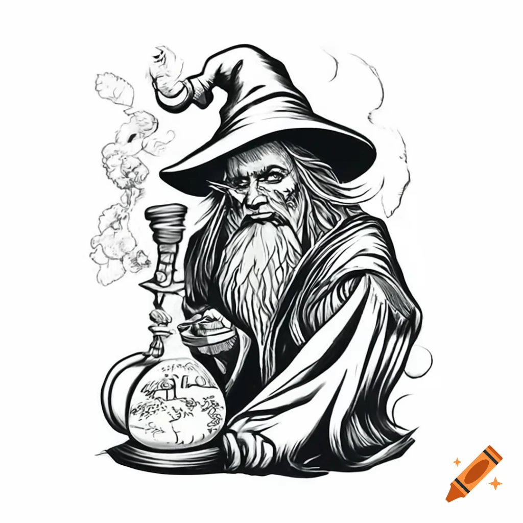 Wizard in robe and hat smoking from bong, medieval woodcut style on Craiyon