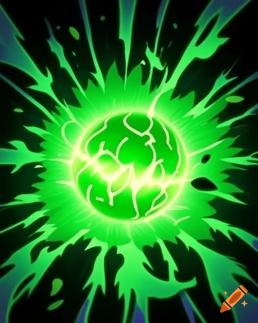 Green glowing energy orb with colorful bursts in chaotic cartoon style ...
