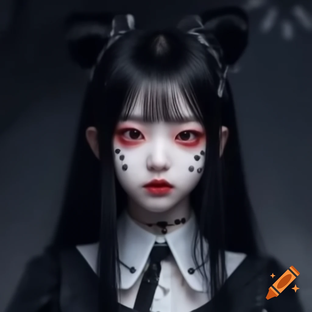 Japanese idol girl with black hair in gothic attire and striking makeup on Craiyon