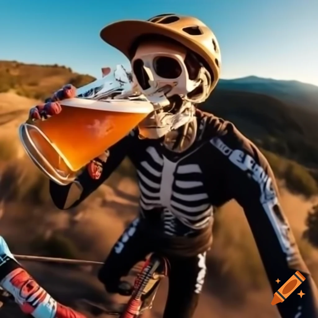Skeleton mountain biker relaxing with beer after ride on Craiyon