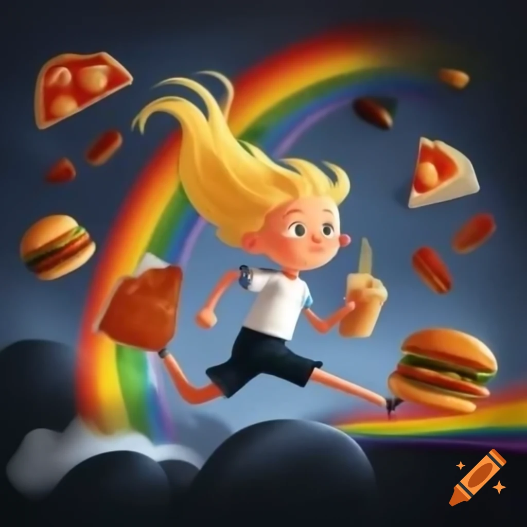 Boy in sportswear running on rainbow made of pasta, pizza, and burgers ...