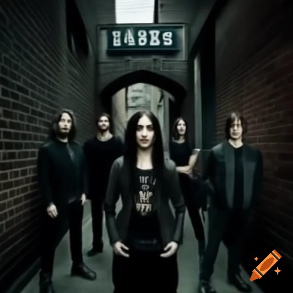 Music band photo shoot in dark alley with gothic female singer on Craiyon