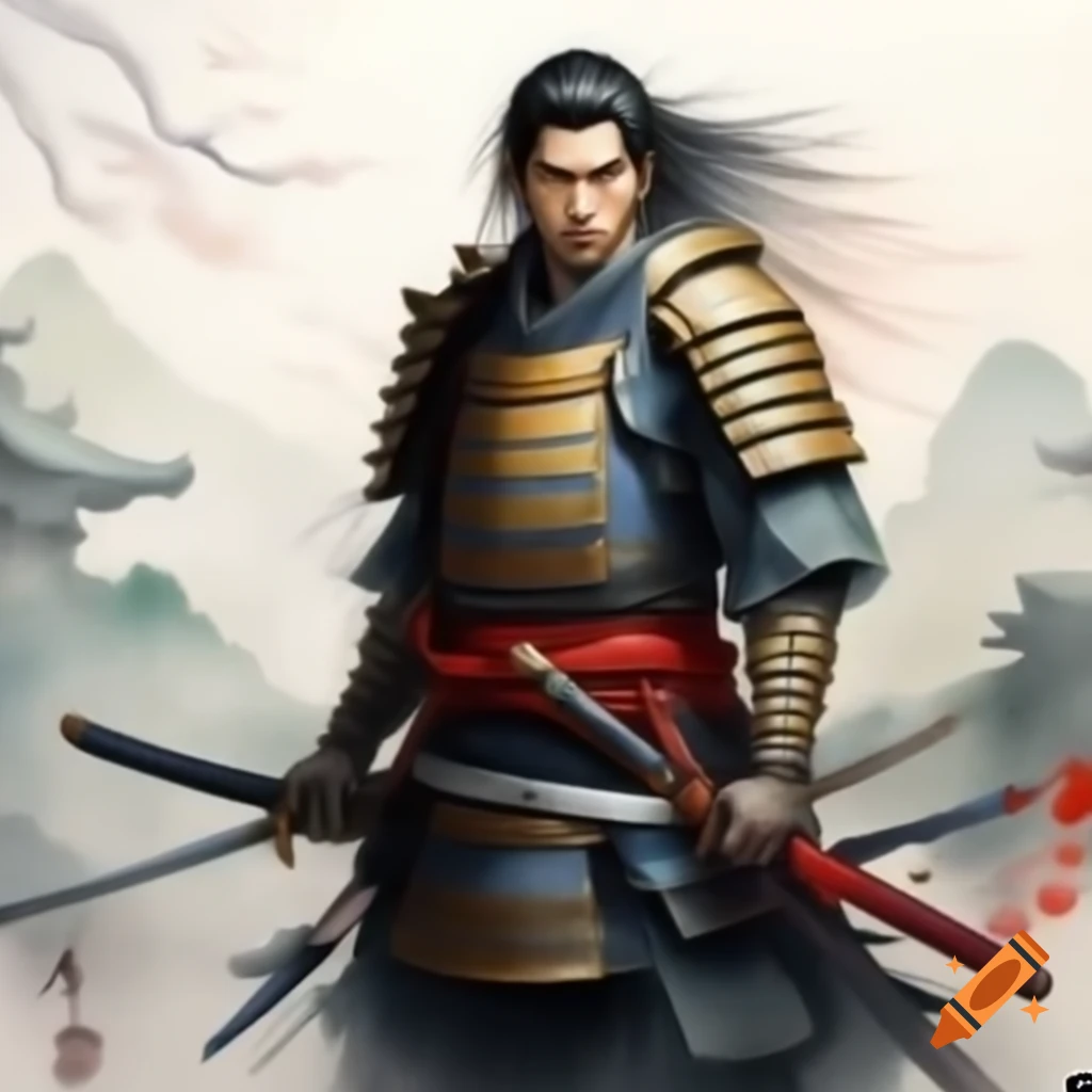 Handsome samurai in ancient armor with katana observing peaceful ...