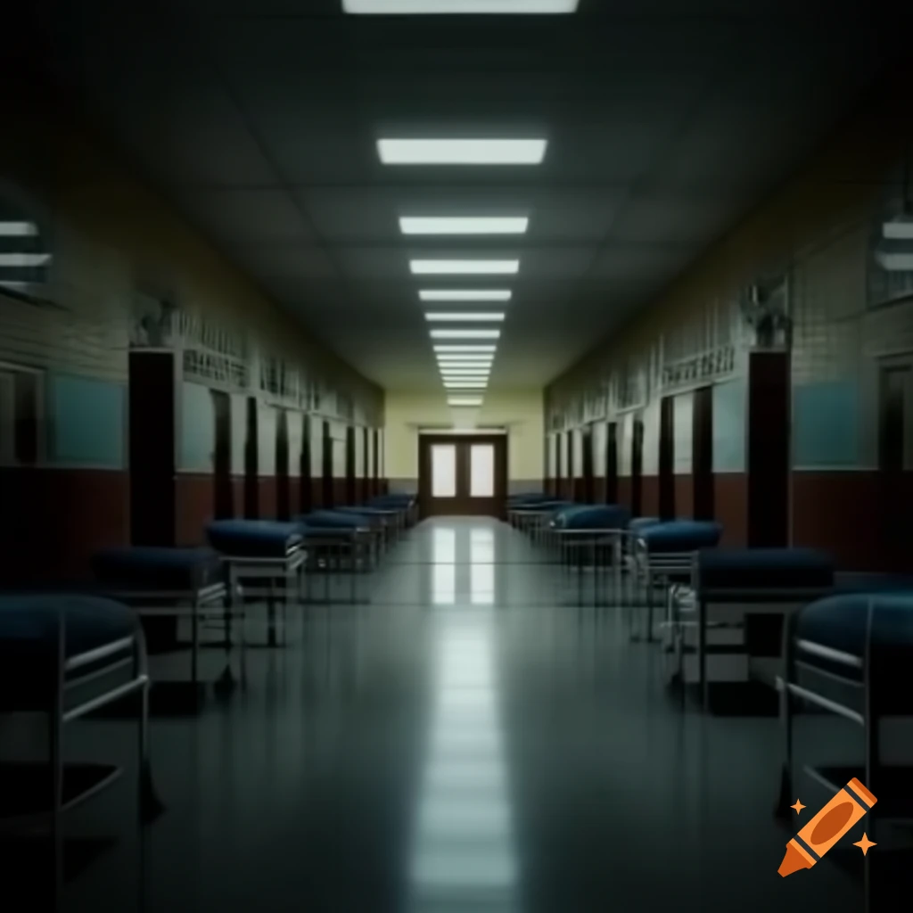 Ominous orphanage interior with dimly lit hallways and empty beds on ...