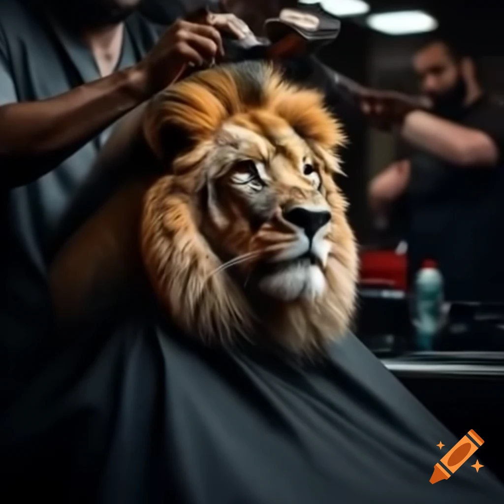 Realistic lion getting a mid fade haircut at barbershop on Craiyon