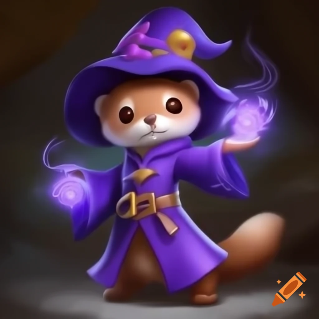 Weasel in purple mage's robe casting spells, sanrio style on Craiyon