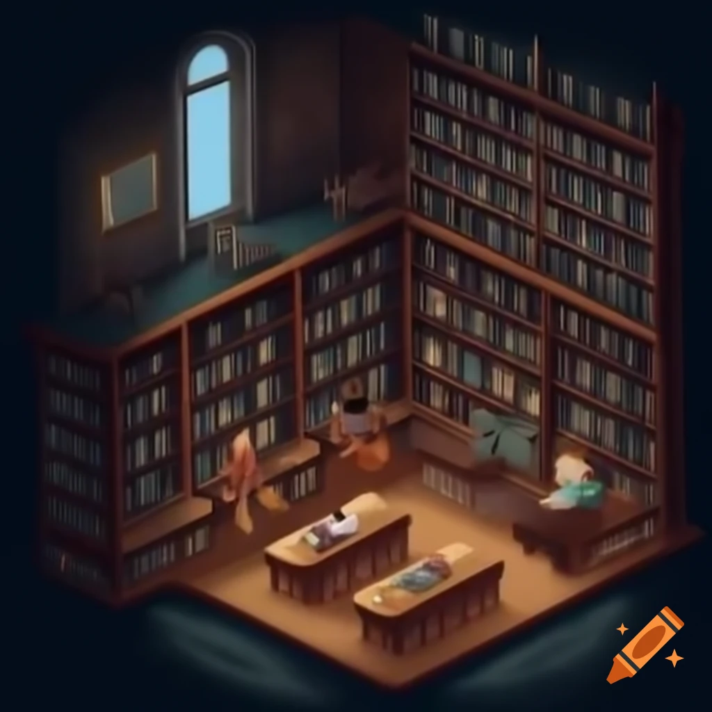 Old school library in 2d cartoon style, multi-story with thousands of ...
