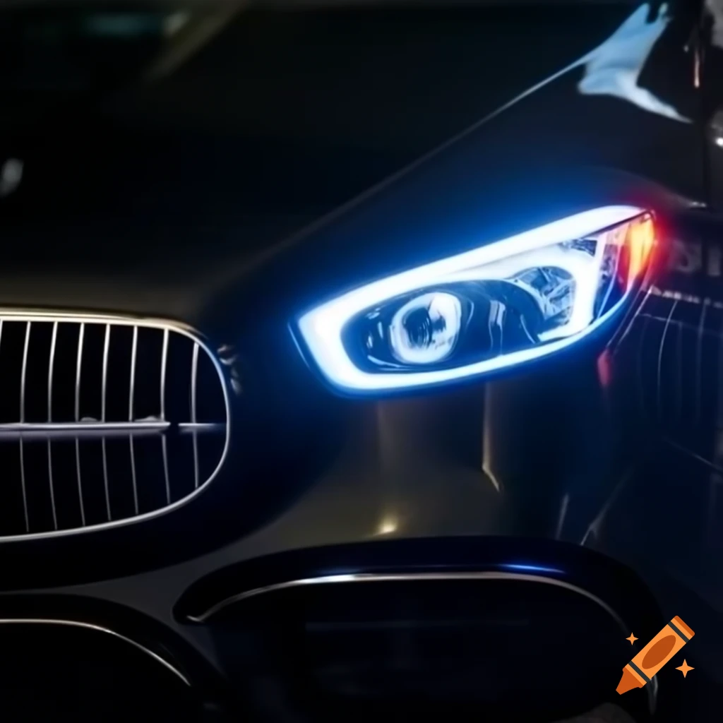 Realistic rendering of Mercedes Maybach headlight glowing in the dark ...