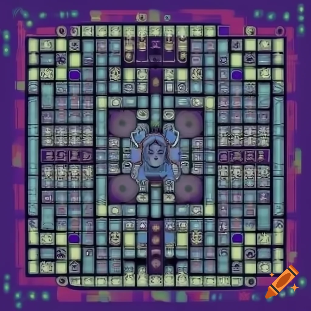Pixelated grid map of a whimsical wizardry dungeon in rainbow fractal ...
