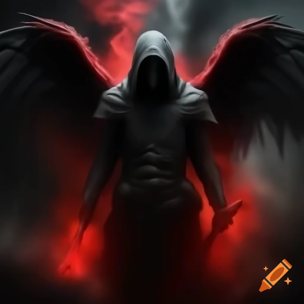 Winged reaper in red smoke with glowing eyes and bloody scythe on Craiyon