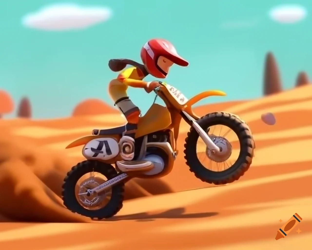 Animated dirt bikes racing in the sand with event text on Craiyon