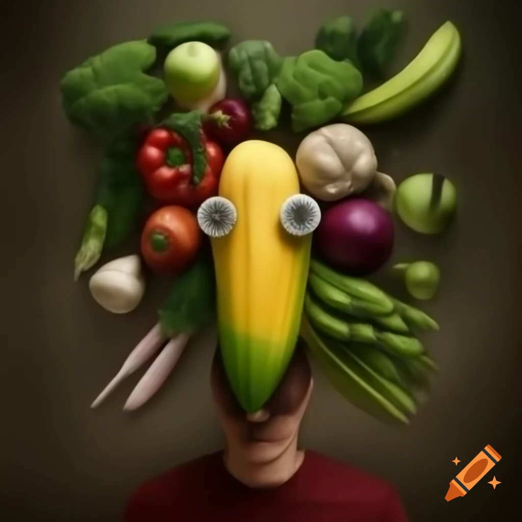 Creative square head design featuring vegetables like banana nose and ...