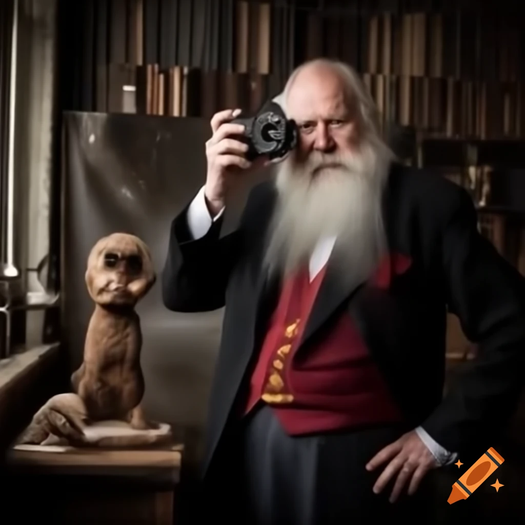 Long bearded magician photographing stubby sculpture with old camera on ...