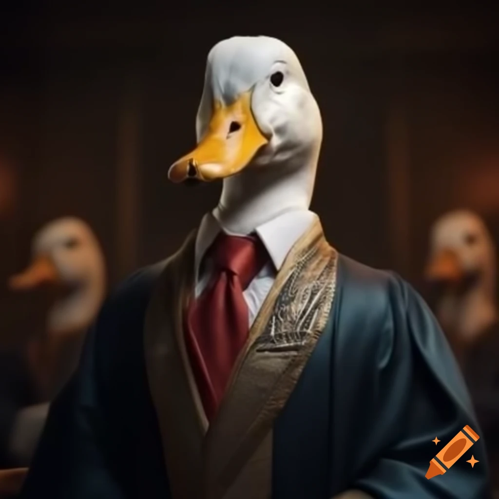Dapper duck in robe and wig exuding judicial seriousness on Craiyon