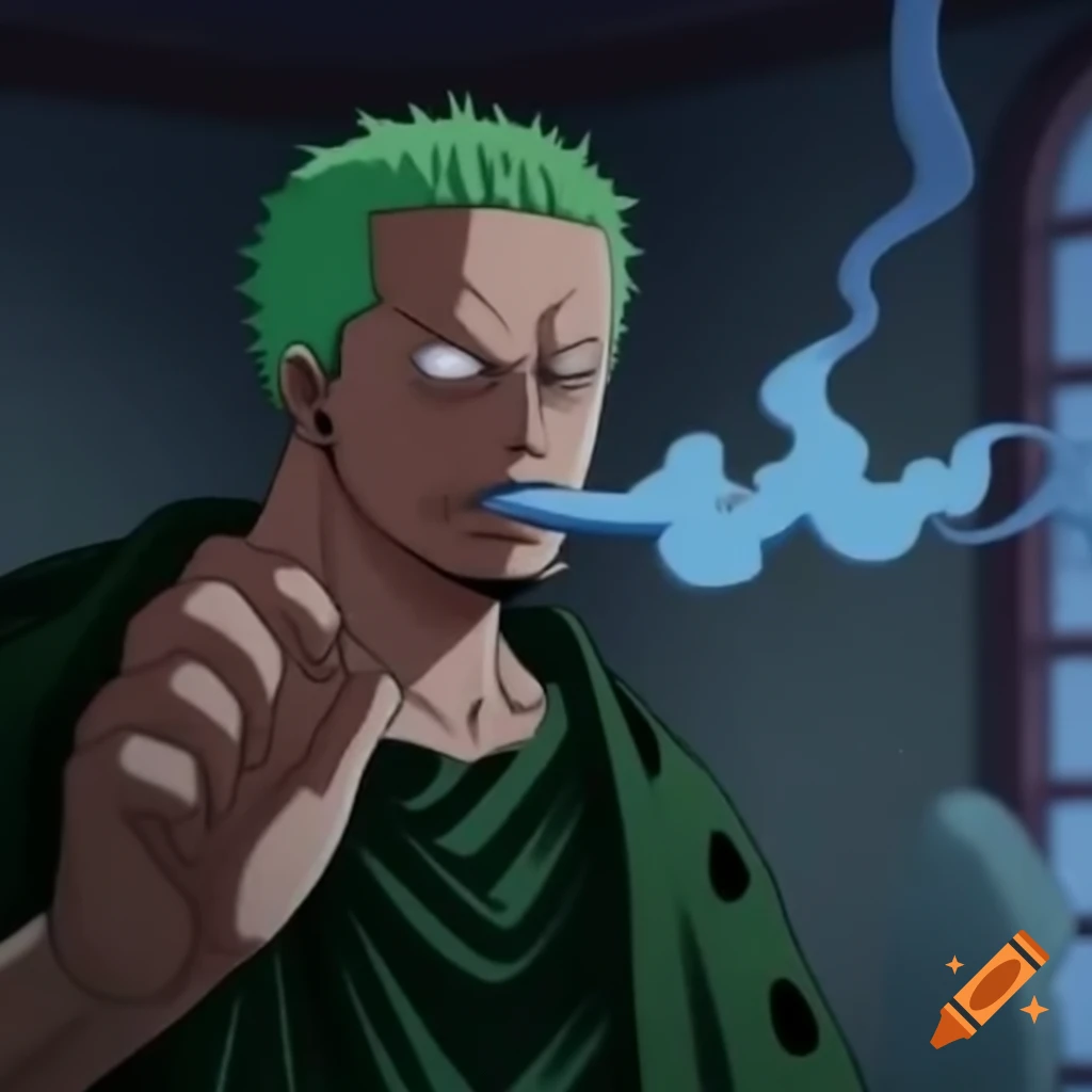 Zoro from One Piece, relaxed with smoke filling the room on Craiyon