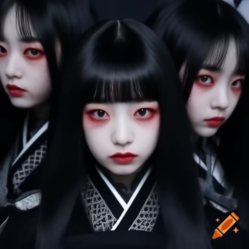 Japanese idol girl with black hair in gothic attire and striking makeup ...