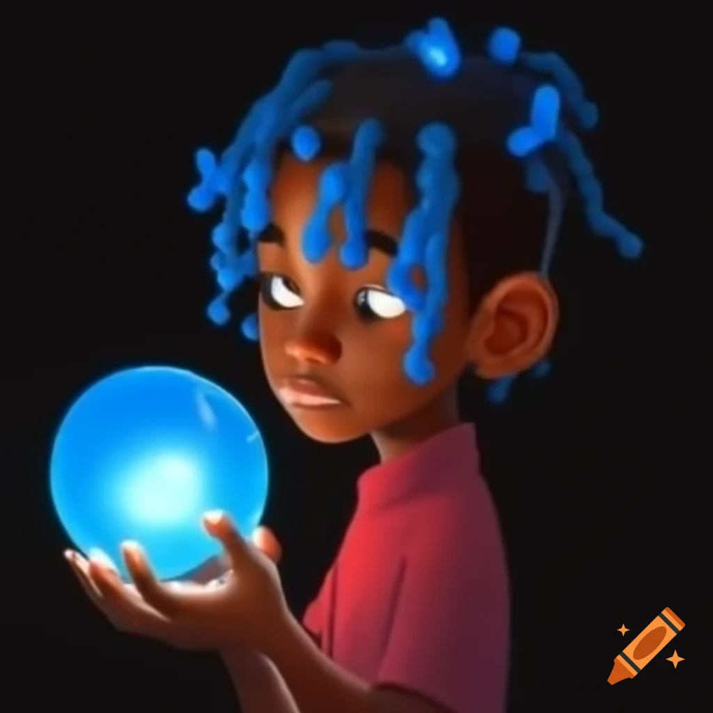 African American boy with blue dreadlocks holding glow in the dark ball ...