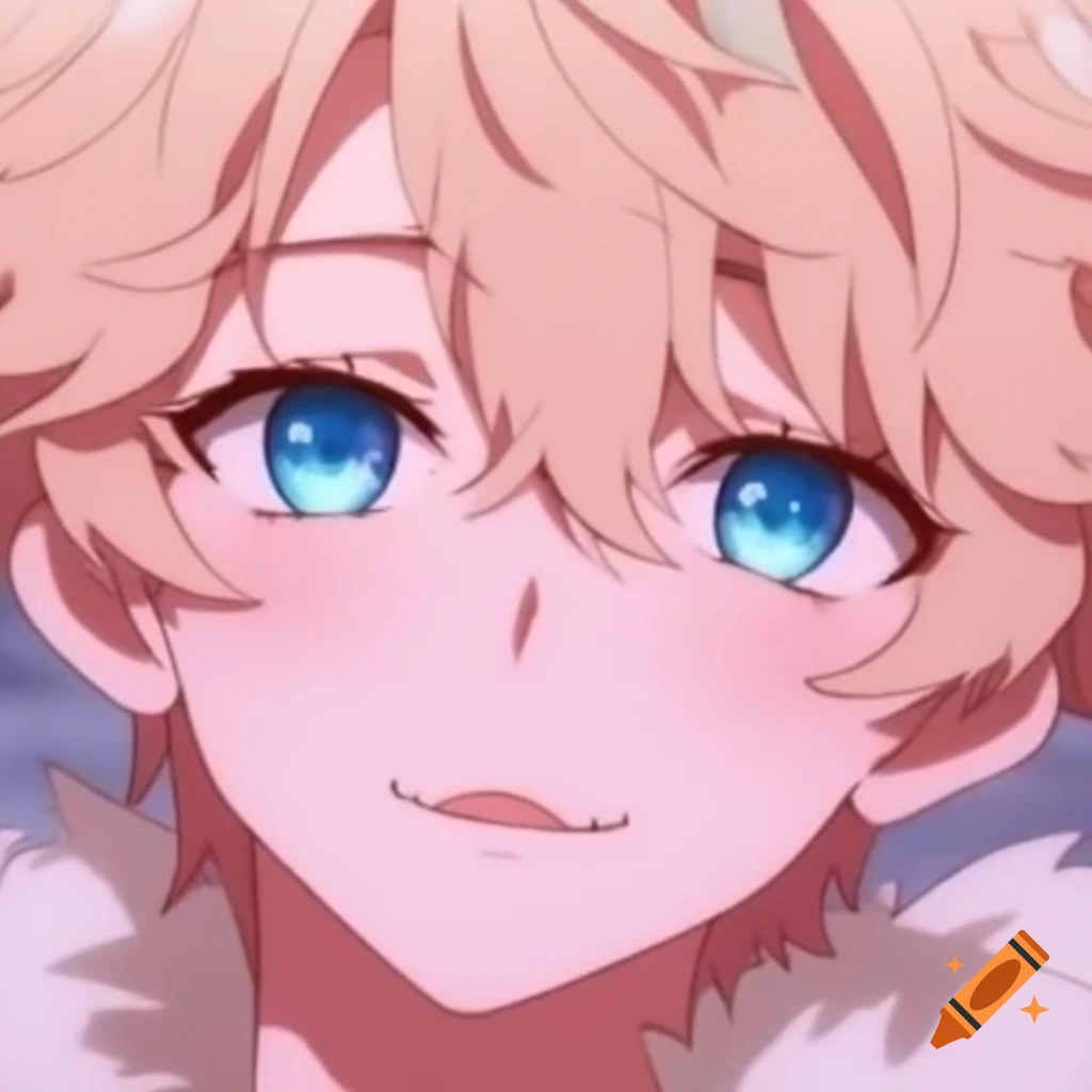 Anime boy with pinkish blond fluffy hair and blue eyes on Craiyon