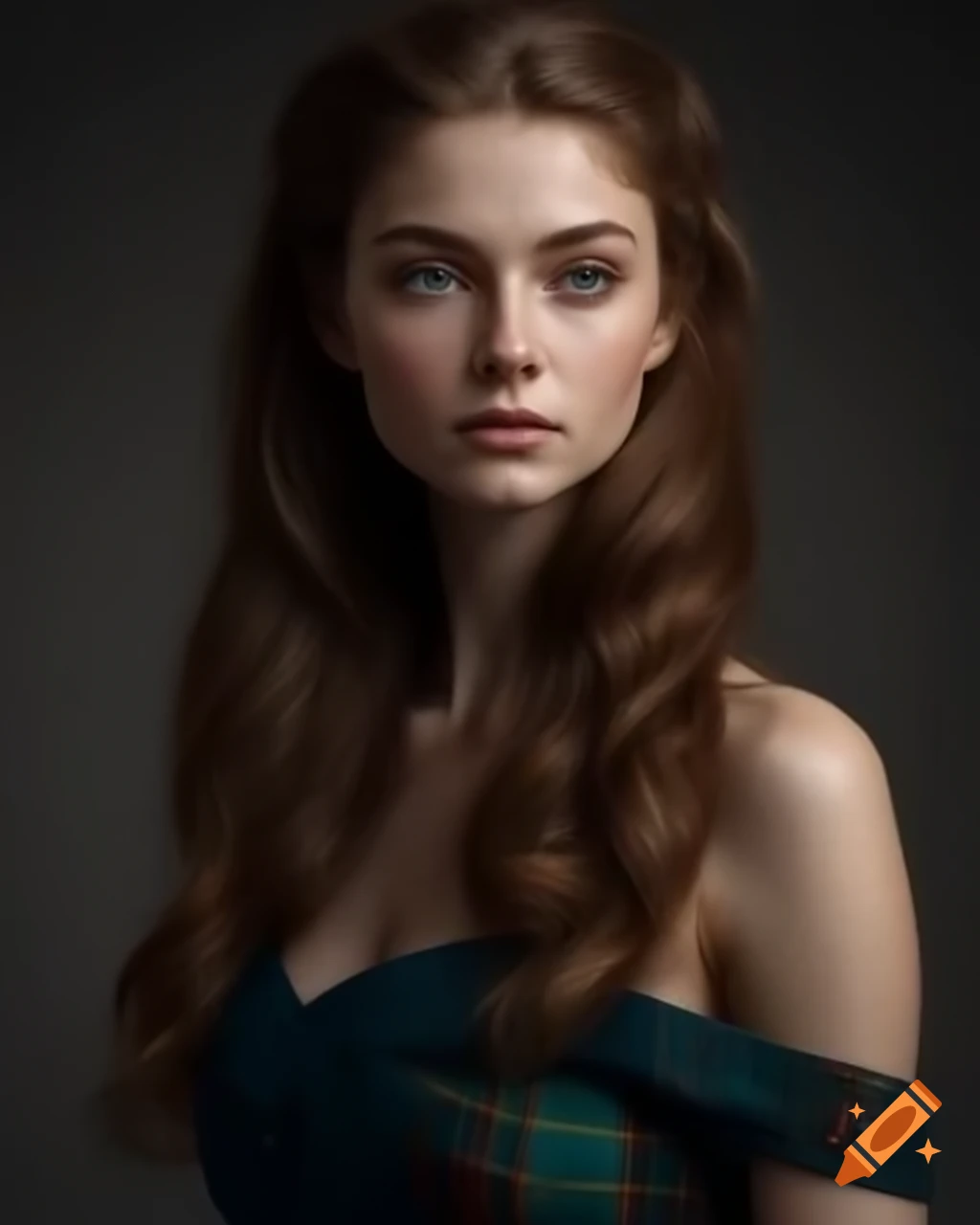 Hyper-realistic portrait of beautiful young woman in formal gown with drummond tartan design on ...