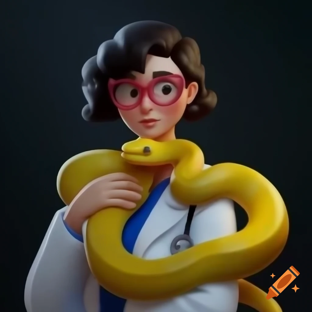 Female scientist holding a yellow snake in 3d on Craiyon