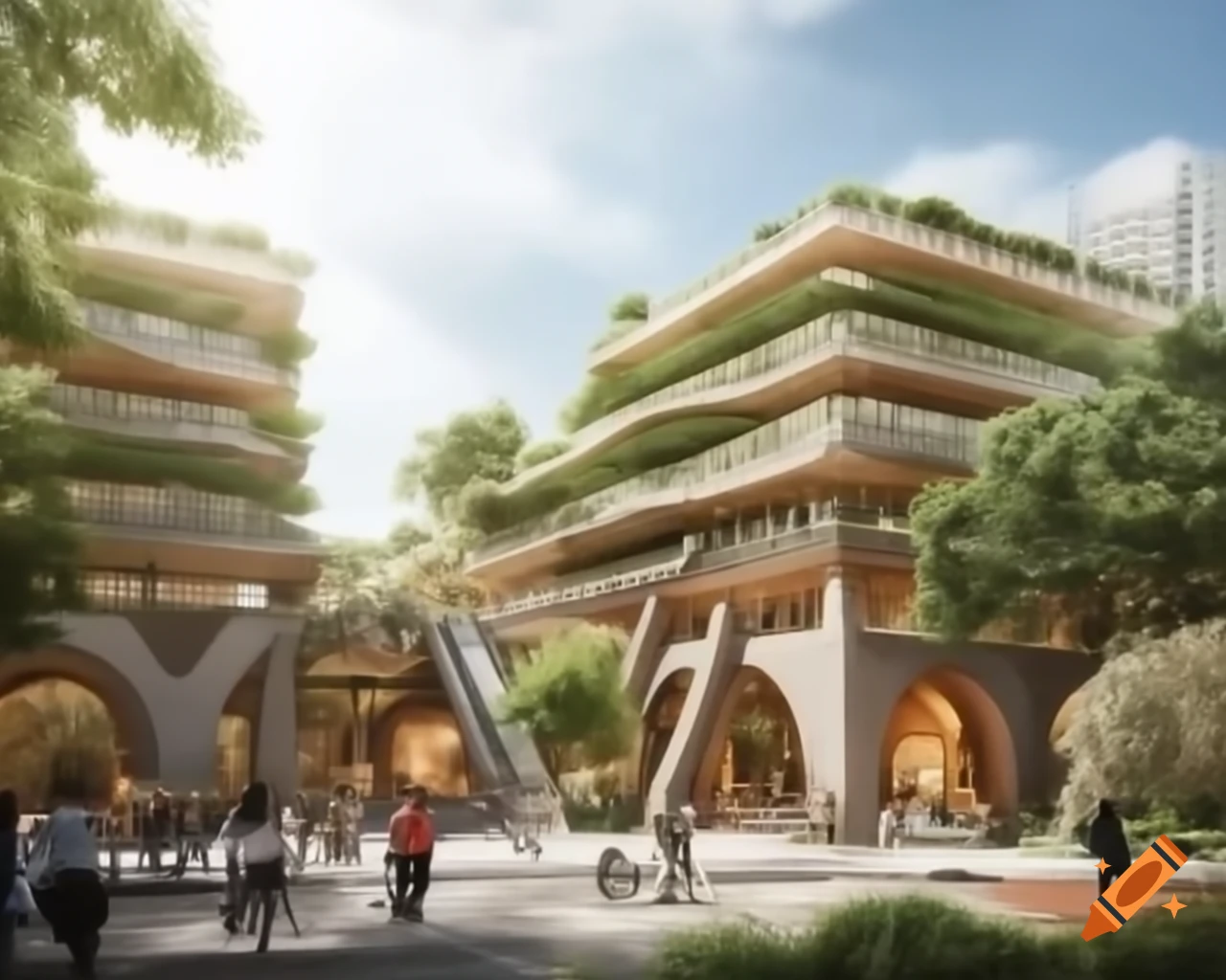 Futuristic streetscape combining ancient mesoamerican architecture and ...