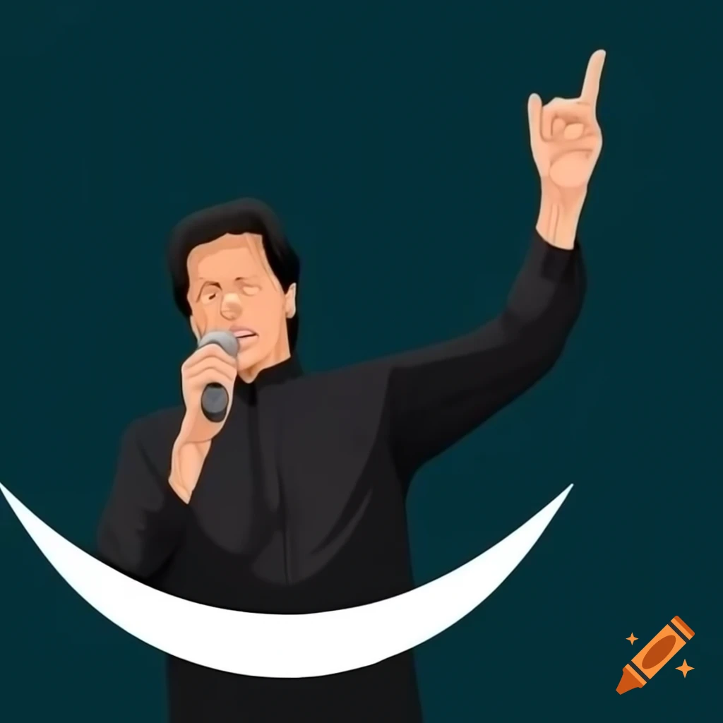 Imran Khan delivering speech in black and white, raising one hand on Craiyon