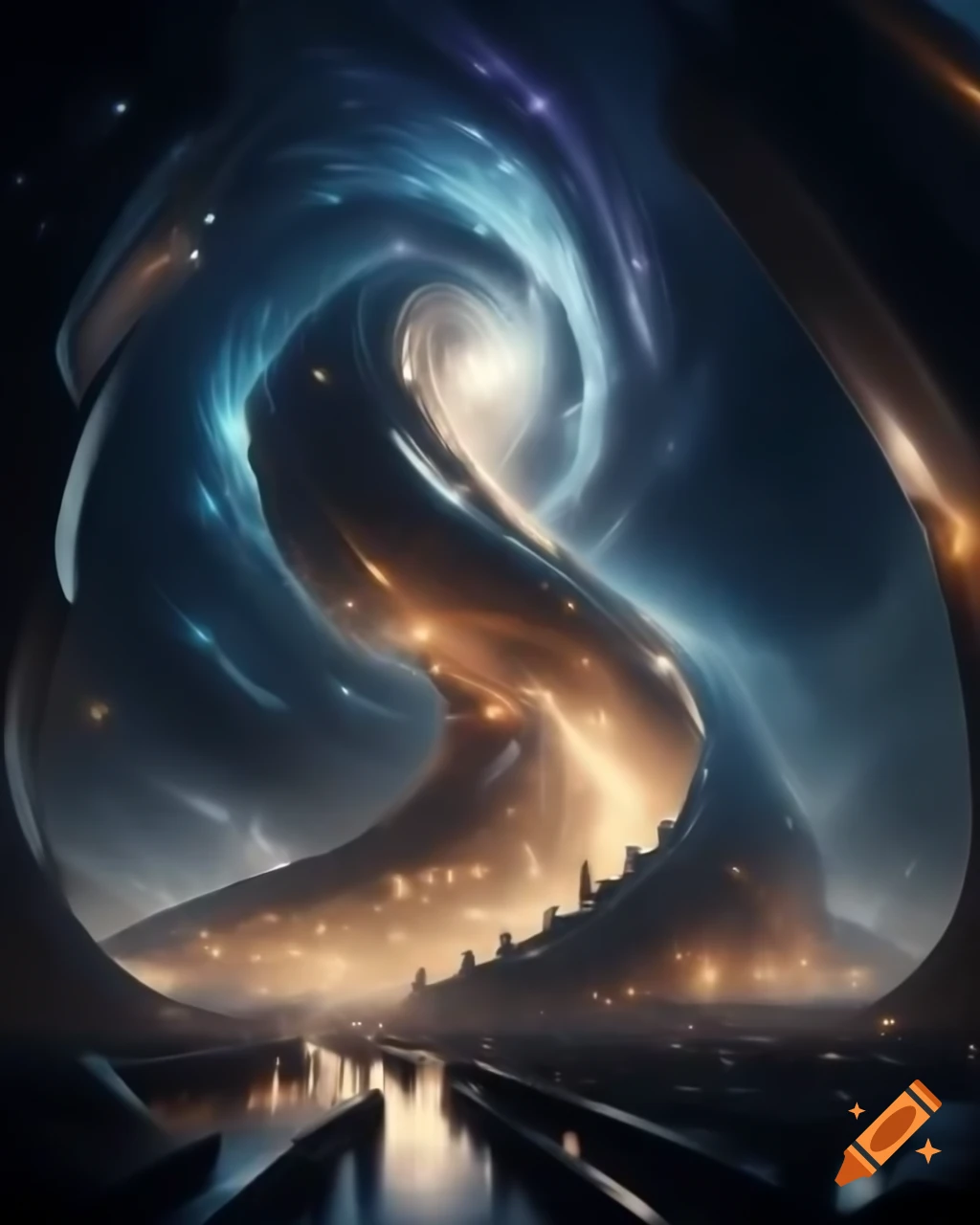 Futuristic city within a spiral galaxy's glowing arm on Craiyon