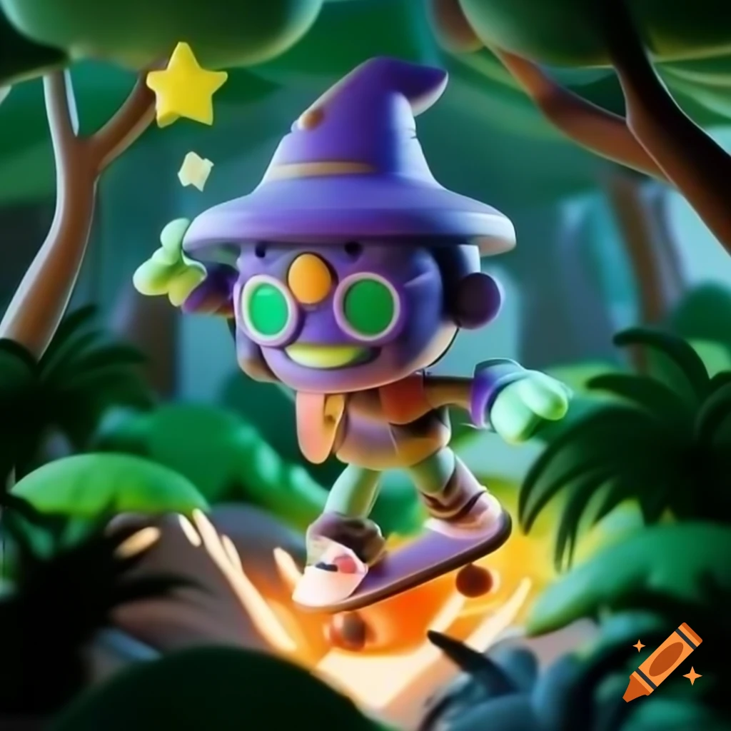 3D claymation wizard skateboarding in jungle with sparkling stars on ...
