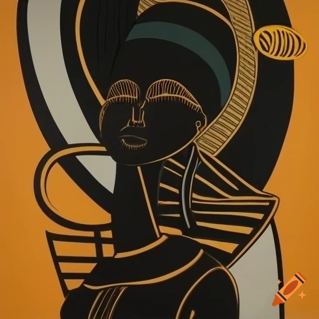 Abstract two-color linocut of African figure with geometric forms and ...
