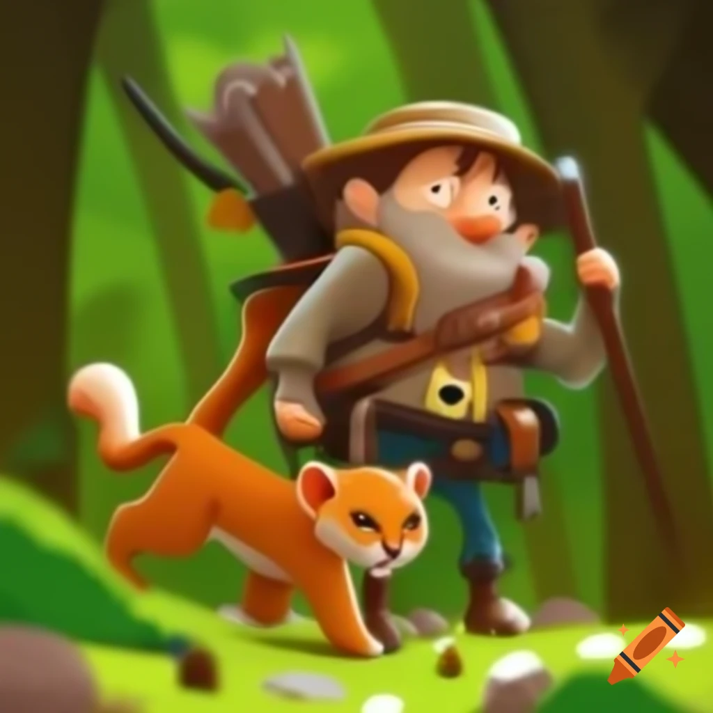 Cartoon puma character exploring the woods with an adventurer on Craiyon