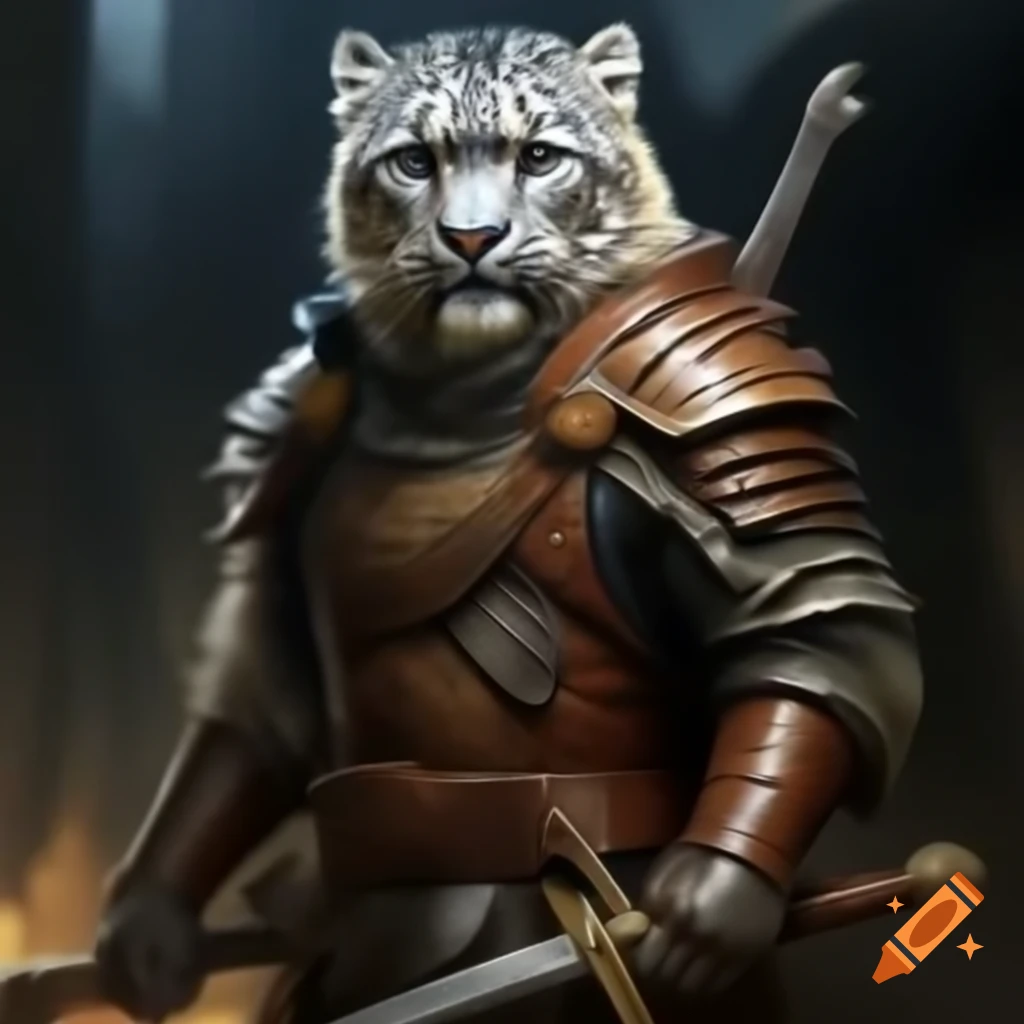 Snow leopard in leather armor standing upright with a rapier on Craiyon