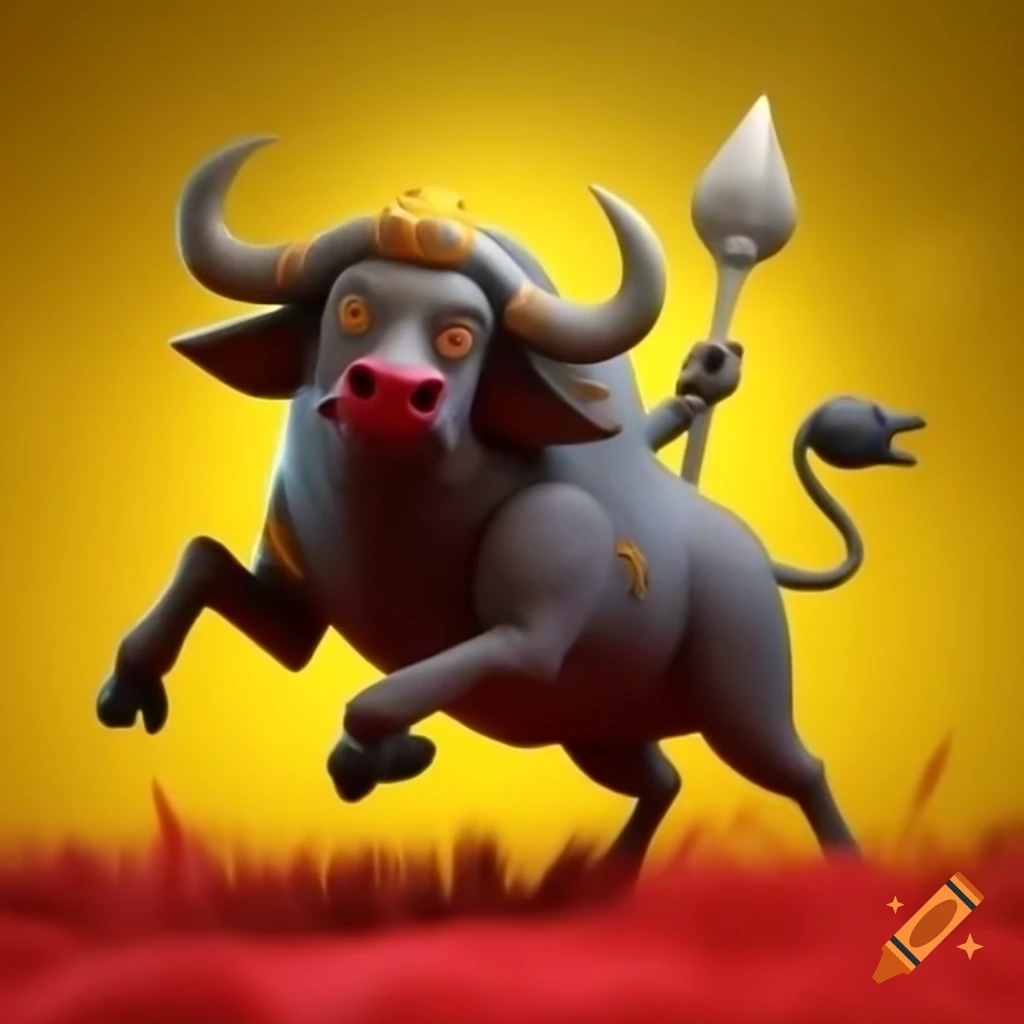 Durga battling buffalo demon in cartoon style with yellow backdrop on ...