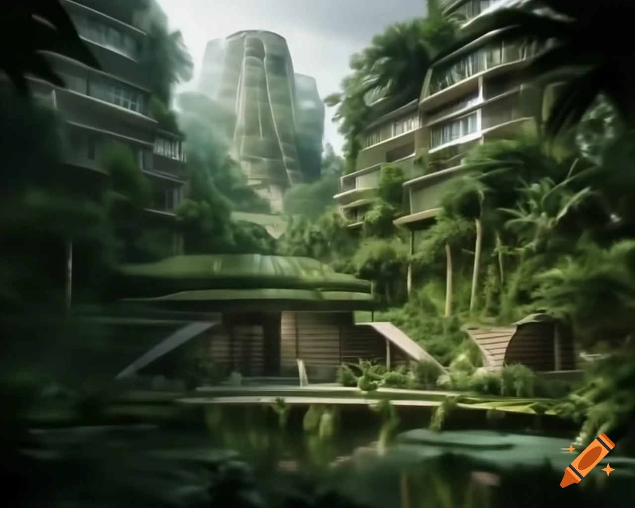 Futuristic central american city amidst rainforest greenery on Craiyon