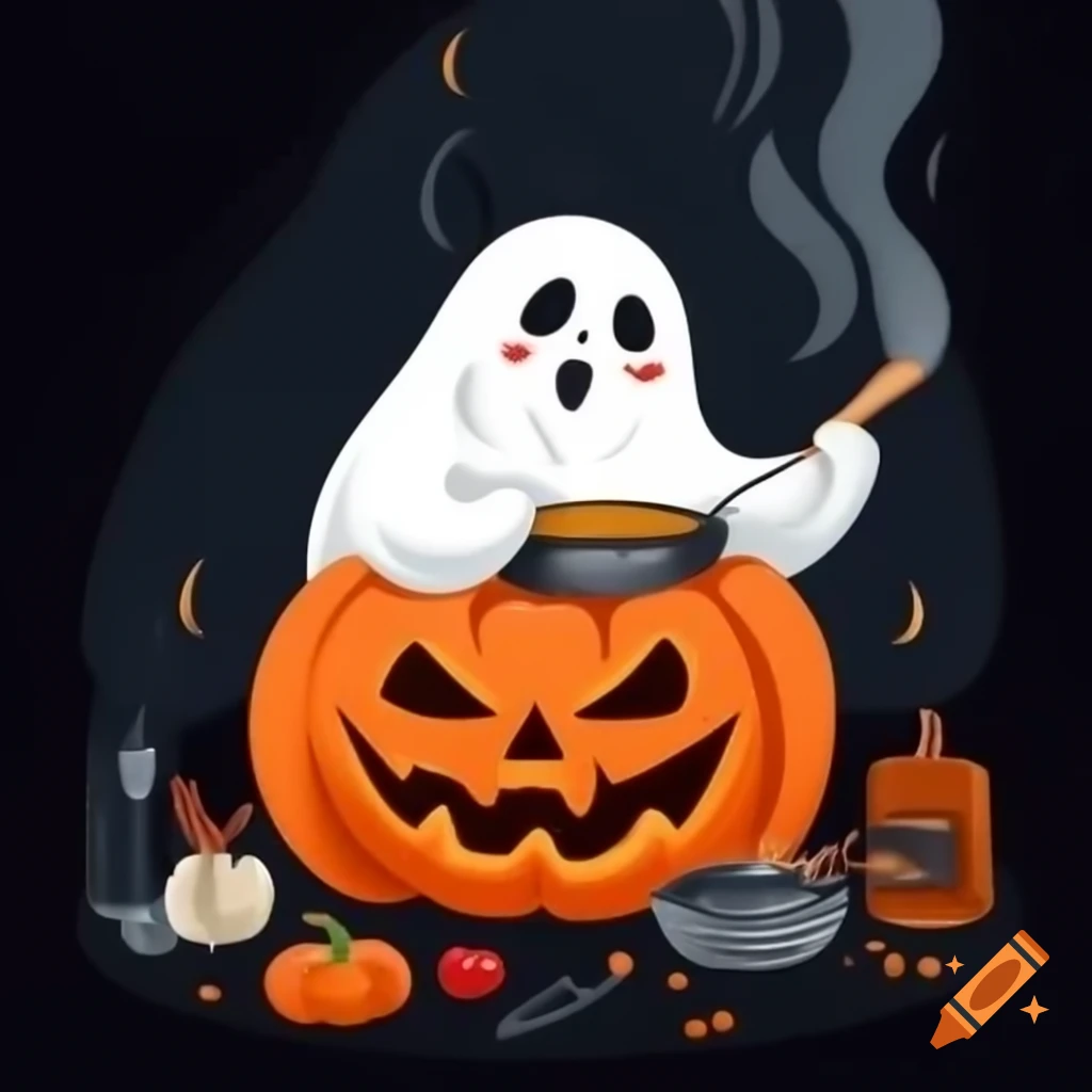 Ghost cooking soup inside a jack-o-lantern on Craiyon