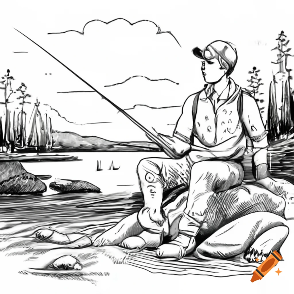 Young man fishing by lake with forest and indigenous Australians ...