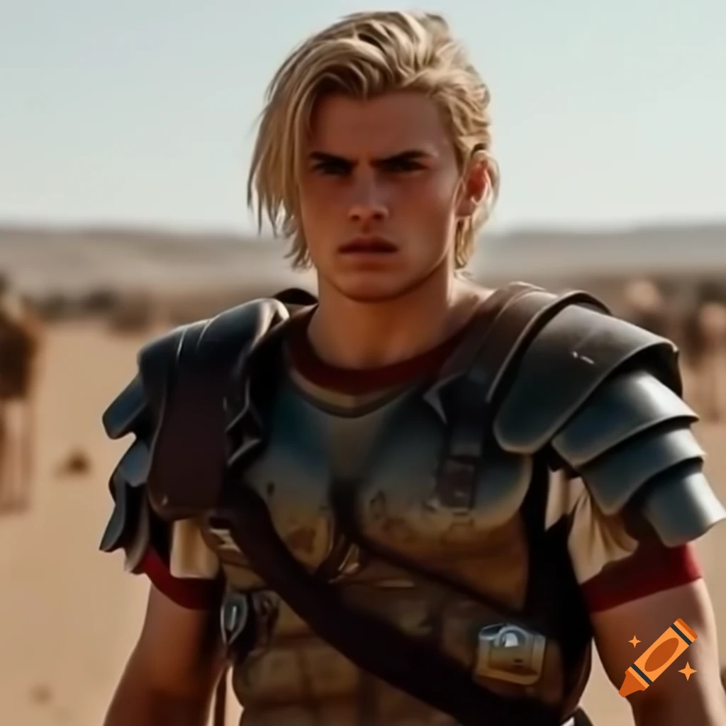 Handsome young roman legionnaire in metal armor standing in post ...