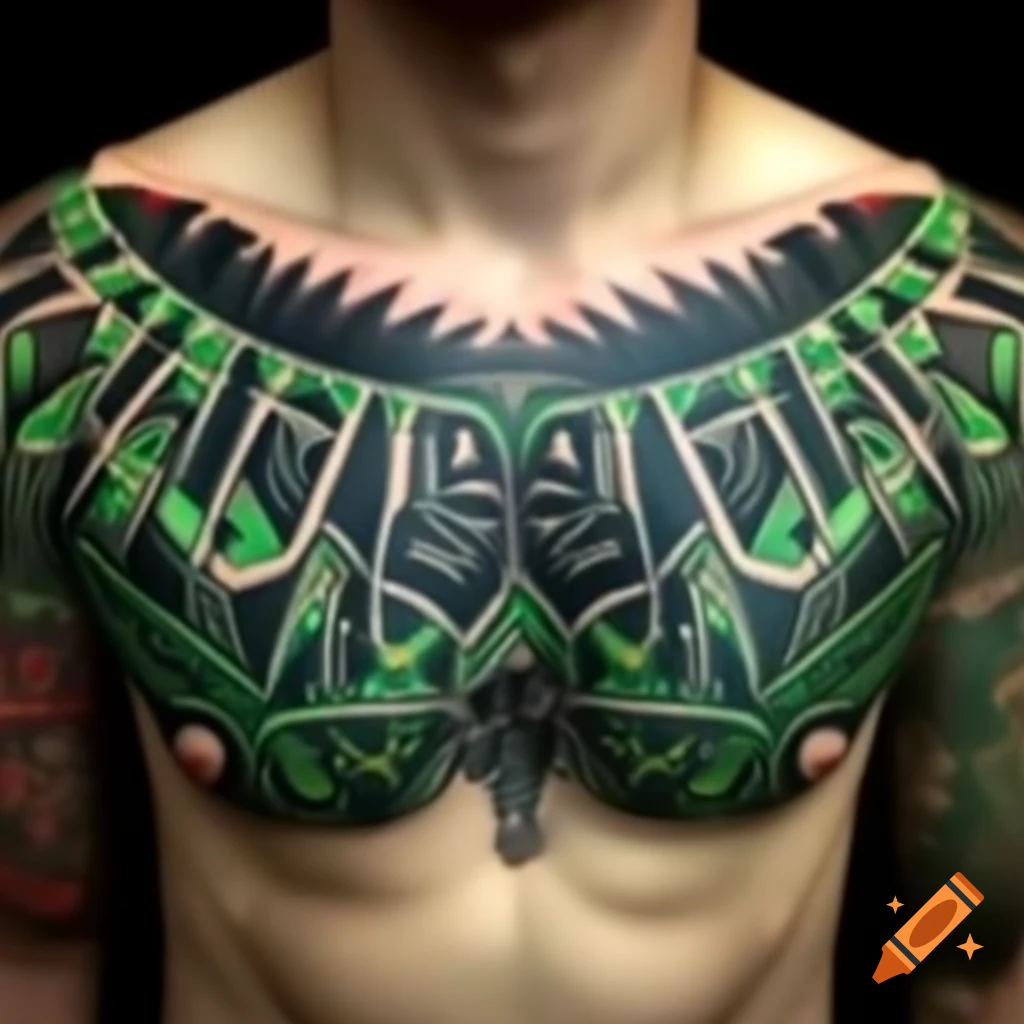 Aztec chest tattoo in black and green ink on Craiyon