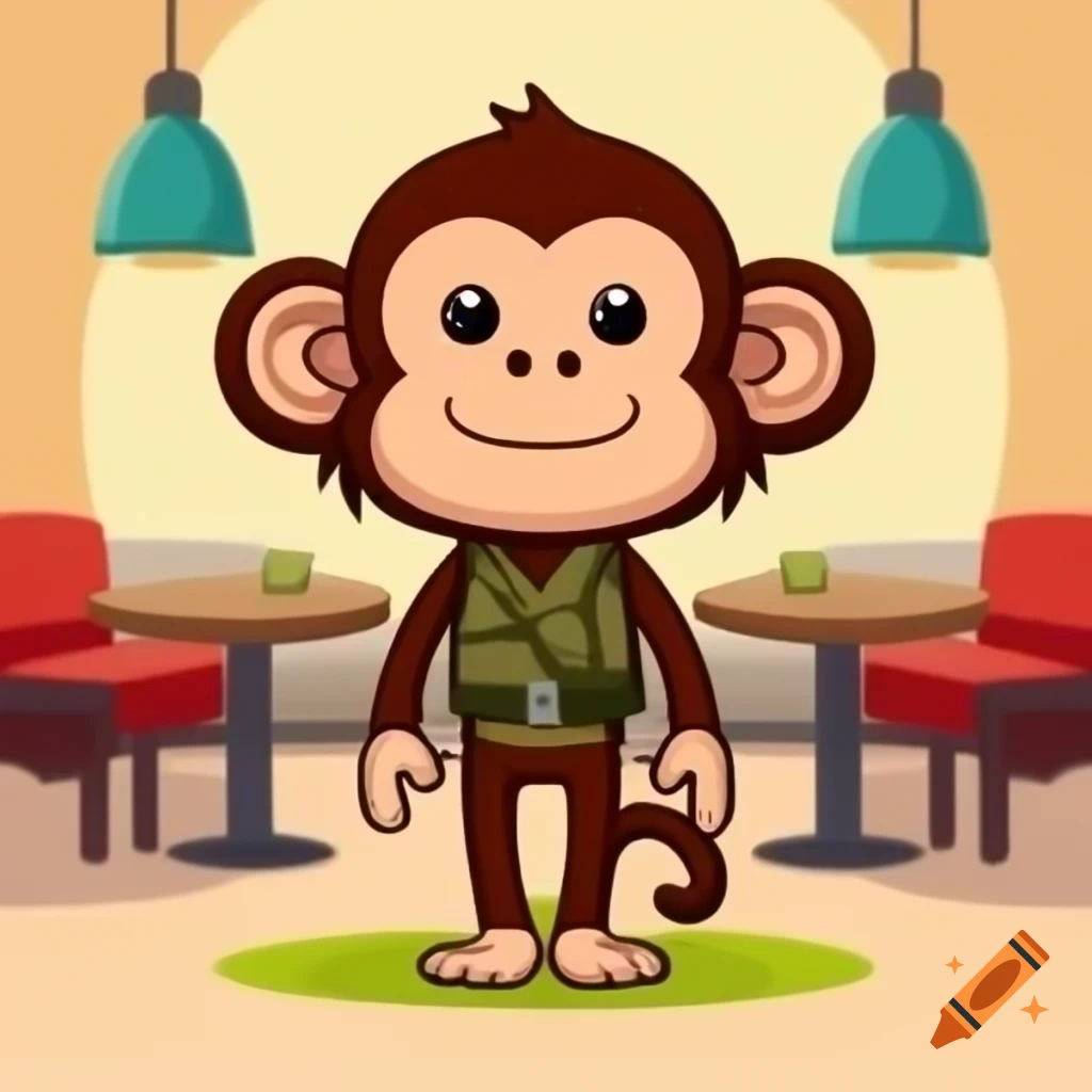 Cute monkey in army pose inside a restaurant, vector cartoon on Craiyon