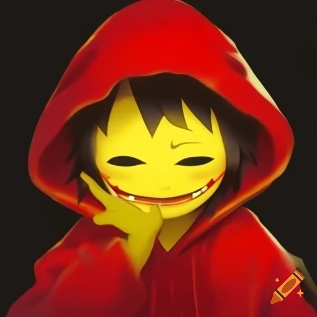 Anime boy in red hoodie and yellow mask with cheerful smile on Craiyon