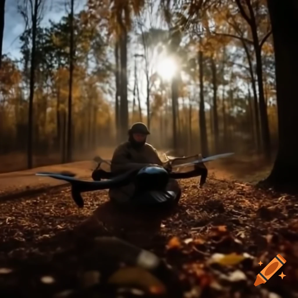 Ukrainian soldier deploying drone in autumn woodland with fallen leaves ...