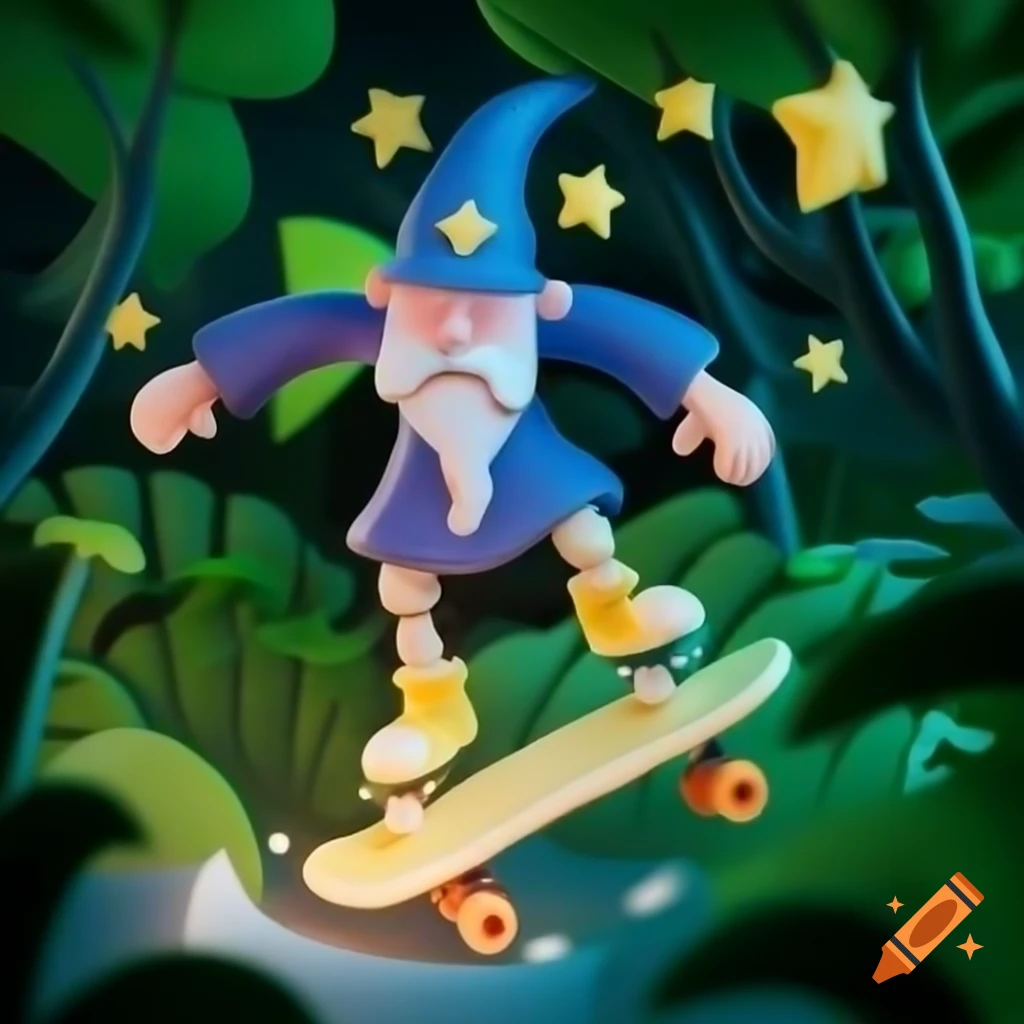 3D claymation wizard skateboarding in jungle with sparkling stars on ...