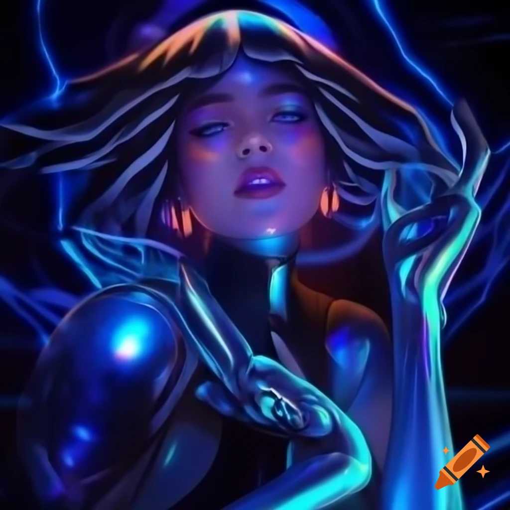 Futuristic chrome humanoid glowing in surreal neon metropolis on Craiyon
