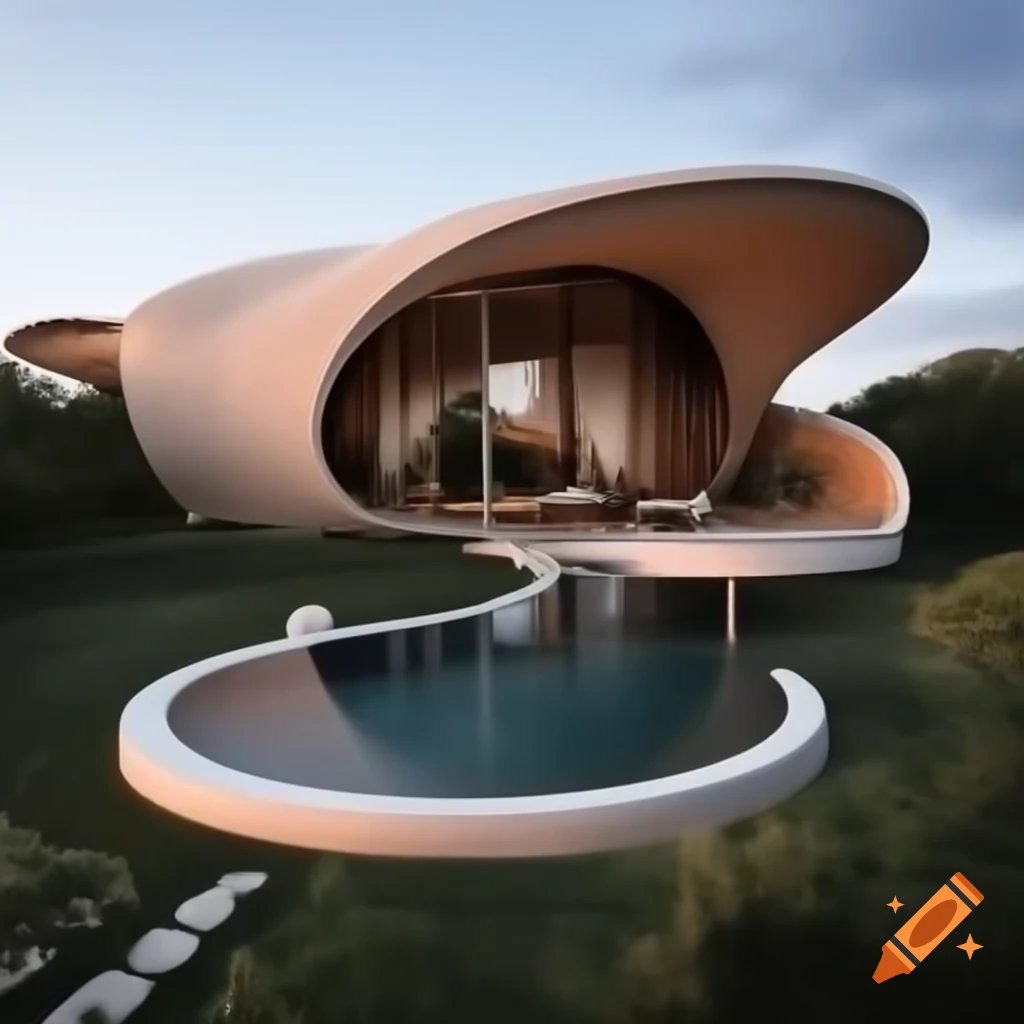 Futuristic organic villa with circular design, fountain pool, and yoga ...