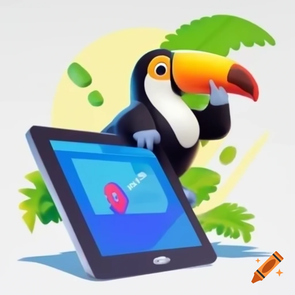 Vibrant toucan with iconic beak beside sleek tablet screen, symbolizing ...