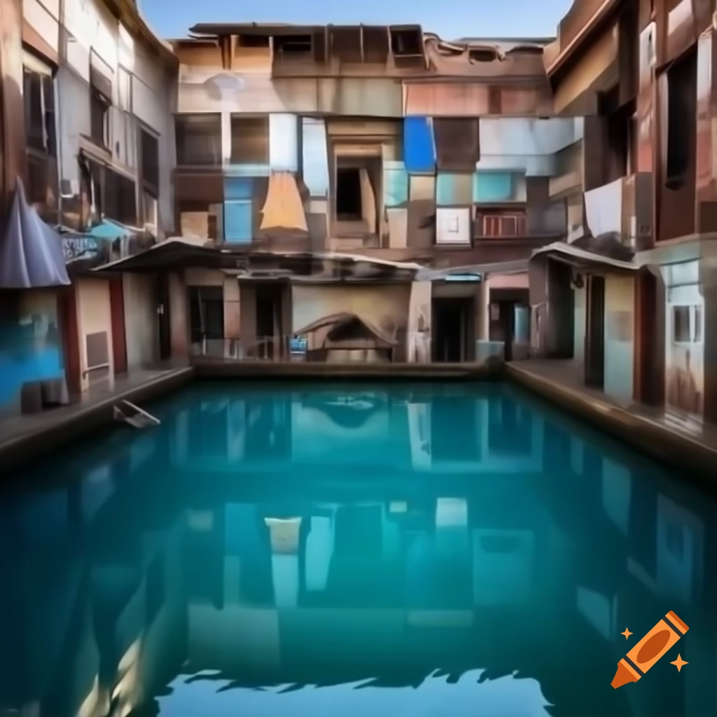 Makeshift slum wall surrounding a beautiful turquoise swimming pool on ...