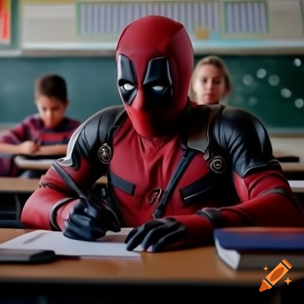Deadpool character studying math in a classroom setting on Craiyon