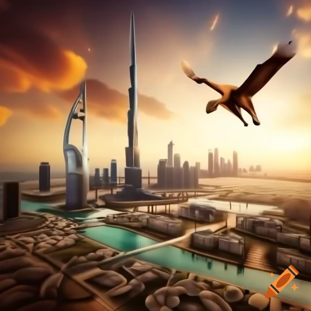 Majestic flying camel over dubai skyline at sunset with burj khalifa ...