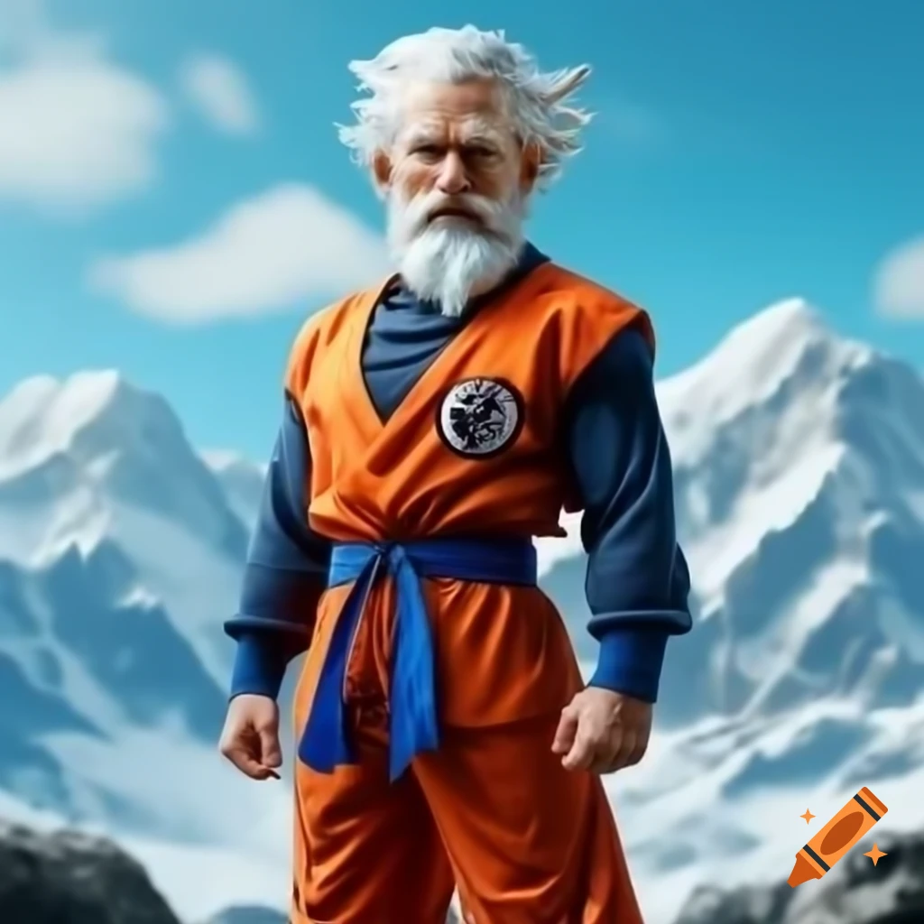 Cinematic realistic portrayal of an old man as Goku standing in snowy ...