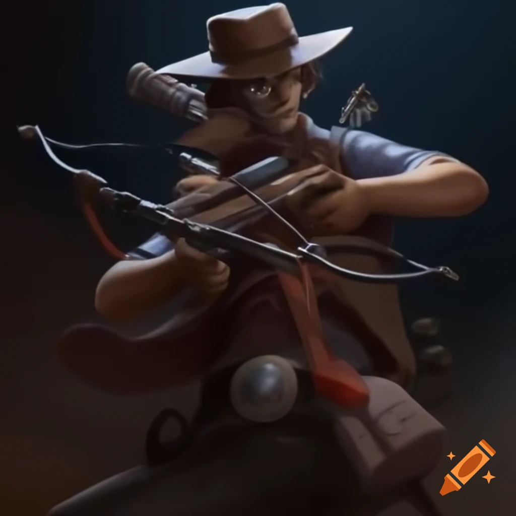 Rugged dark fantasy man with crossbow and cowboy hat, scar across face ...