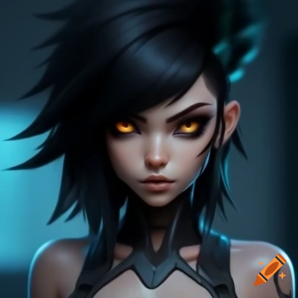 Cyberpunk netrunner girl with black hair and amber eyes in high ...